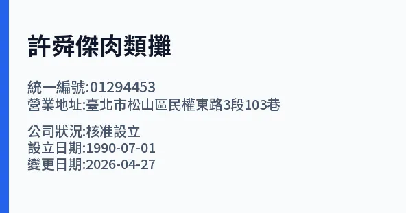 許舜傑肉類攤的照片-統編 01294453(臺北市) 公司登記資料與營業項目詳細圖表