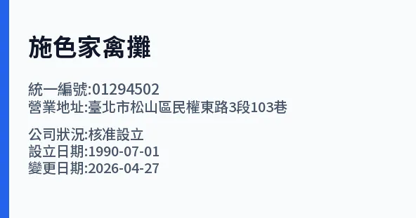 施色家禽攤的照片-統編 01294502(臺北市) 公司登記資料與營業項目詳細圖表
