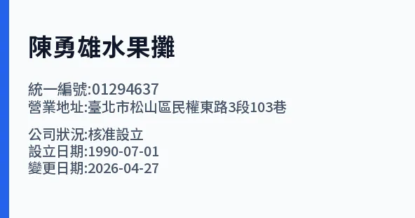 陳勇雄水果攤的照片-統編 01294637(臺北市) 公司登記資料與營業項目詳細圖表