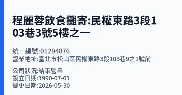 程麗蓉飲食攤寄:民權東路3段103巷3號5樓之一的照片-統編 01294876(臺北市) 公司登記資料與營業項目詳細圖表