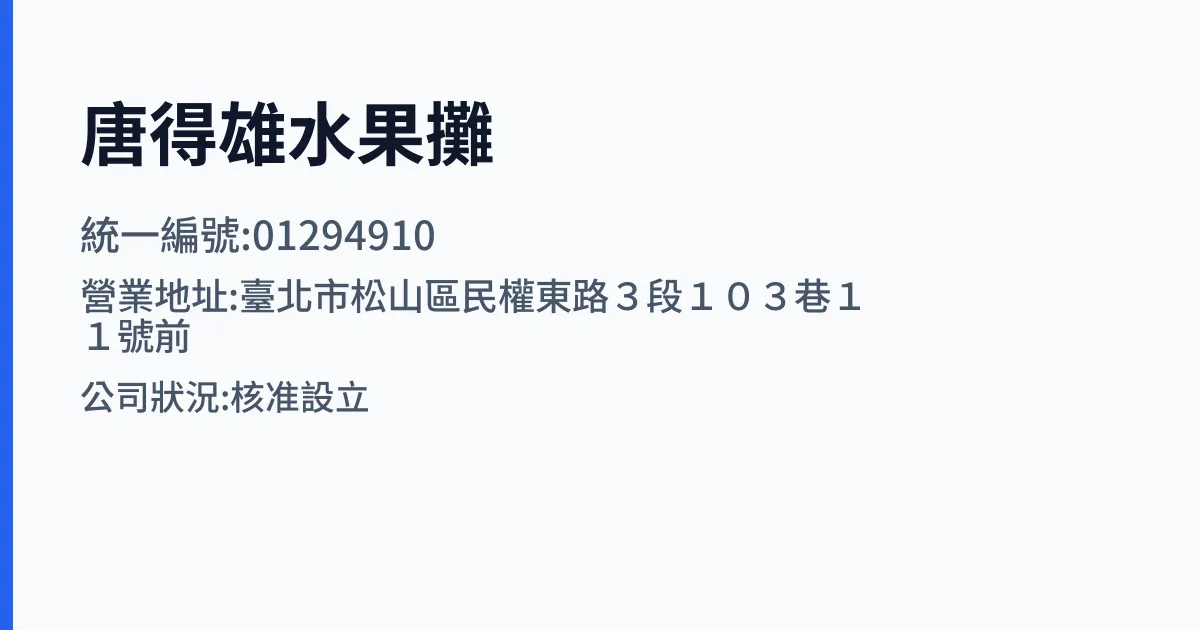唐得雄水果攤 - 統編 01294910(臺北市) 公司登記資料與營業項目詳細圖表