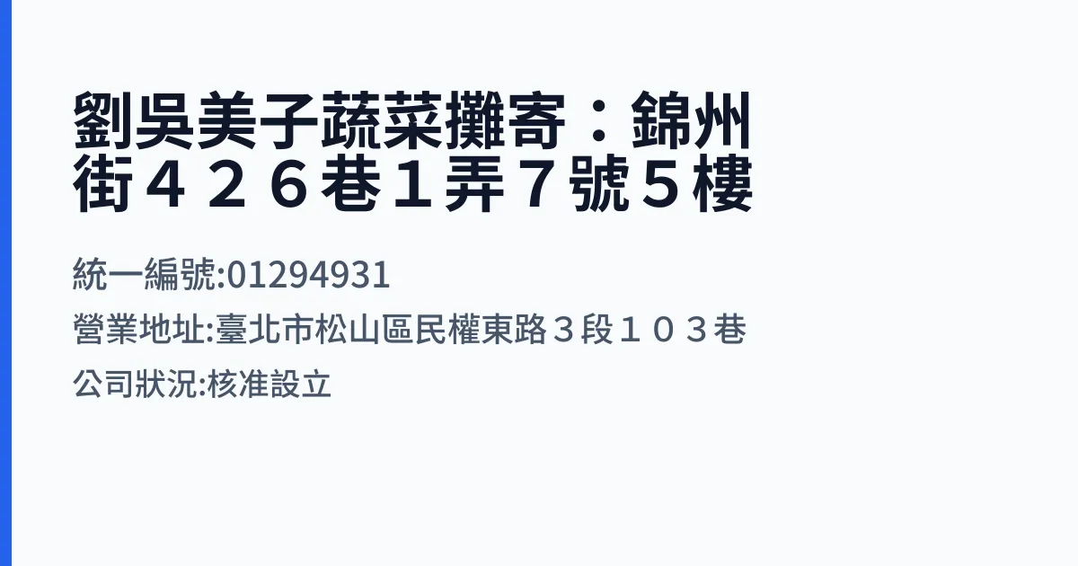 劉吳美子蔬菜攤寄：錦州街４２６巷１弄７號５樓 - 統編 01294931(臺北市) 公司登記資料與營業項目詳細圖表