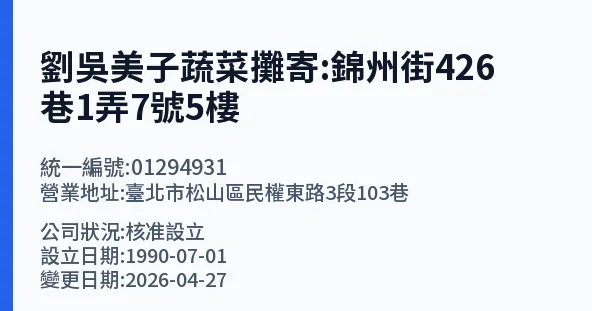 劉吳美子蔬菜攤寄:錦州街426巷1弄7號5樓的照片-統編 01294931(臺北市) 公司登記資料與營業項目詳細圖表