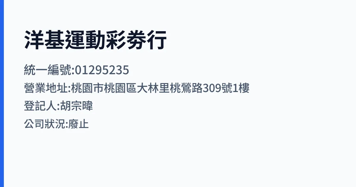 洋基運動彩劵行 - 統編 01295235(桃園市) 公司登記資料與營業項目詳細圖表