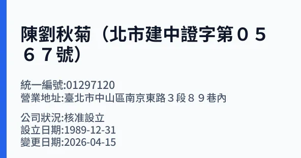 陳劉秋菊（北市建中證字第０５６７號）的照片-統編 01297120(臺北市) 公司登記資料與營業項目詳細圖表