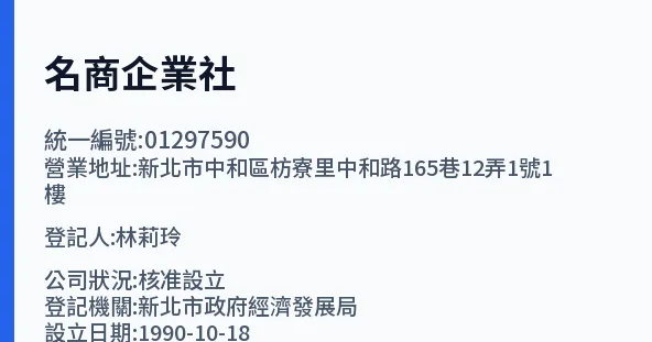 名商企業社的照片-統編 01297590(新北市) 公司登記資料與營業項目詳細圖表