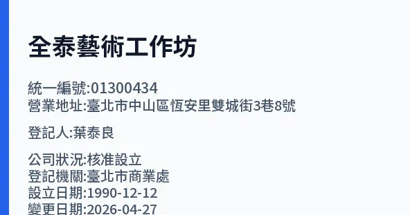 全泰藝術工作坊的照片-統編 01300434(臺北市) 公司登記資料與營業項目詳細圖表