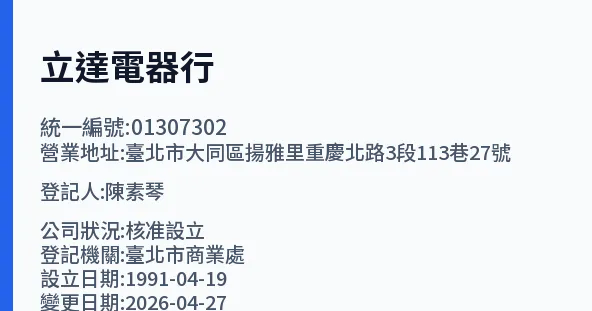 立達電器行的照片-統編 01307302(臺北市) 公司登記資料與營業項目詳細圖表