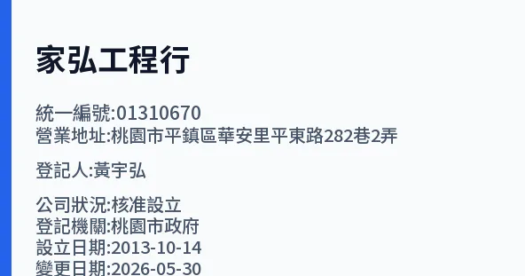 家弘工程行的照片-統編 01310670(桃園市) 公司登記資料與營業項目詳細圖表