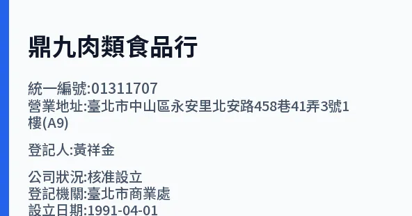 鼎九肉類食品行的照片-統編 01311707(臺北市) 公司登記資料與營業項目詳細圖表