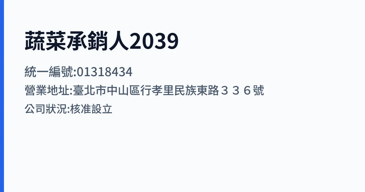 蔬菜承銷人2039 - 統編 01318434(臺北市) 公司登記資料與營業項目詳細圖表