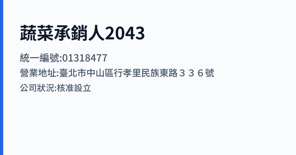 蔬菜承銷人2043 - 統編 01318477（臺北市） 公司登記資料與營業項目詳細圖表
