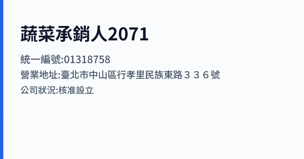 蔬菜承銷人2071 - 統編 01318758（臺北市） 公司登記資料與營業項目詳細圖表