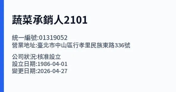 蔬菜承銷人2101的照片-統編 01319052(臺北市) 公司登記資料與營業項目詳細圖表