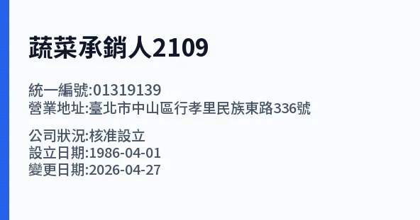 蔬菜承銷人2109的照片-統編 01319139(臺北市) 公司登記資料與營業項目詳細圖表