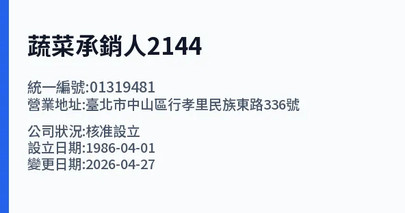 蔬菜承銷人2144的照片-統編 01319481(臺北市) 公司登記資料與營業項目詳細圖表