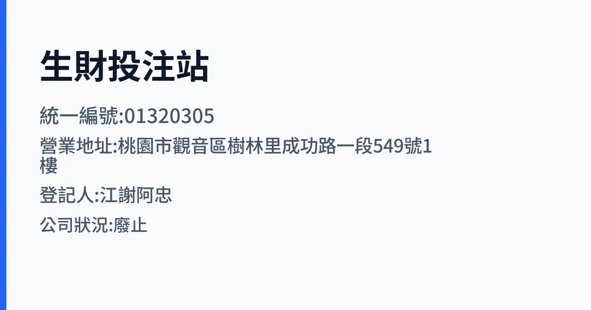 生財投注站 - 統編 01320305(桃園市) 公司登記資料與營業項目詳細圖表