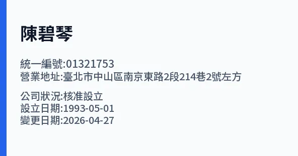 陳碧琴的照片-統編 01321753(臺北市) 公司登記資料與營業項目詳細圖表