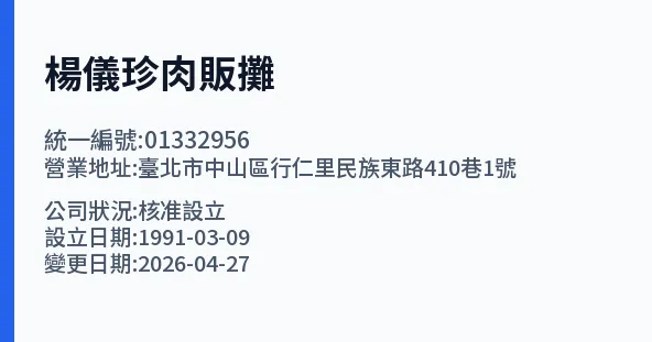 楊儀珍肉販攤的照片-統編 01332956(臺北市) 公司登記資料與營業項目詳細圖表