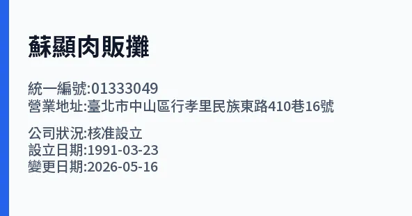 蘇顯肉販攤的照片-統編 01333049(臺北市) 公司登記資料與營業項目詳細圖表