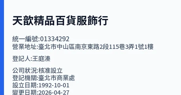 天歆精品百貨服飾行的照片-統編 01334292(臺北市) 公司登記資料與營業項目詳細圖表