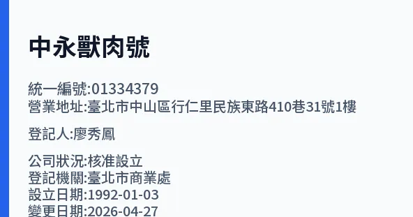 中永獸肉號的照片-統編 01334379(臺北市) 公司登記資料與營業項目詳細圖表