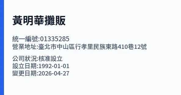 黃明華攤販的照片-統編 01335285(臺北市) 公司登記資料與營業項目詳細圖表