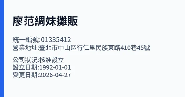 廖范綢妹攤販的照片-統編 01335412(臺北市) 公司登記資料與營業項目詳細圖表