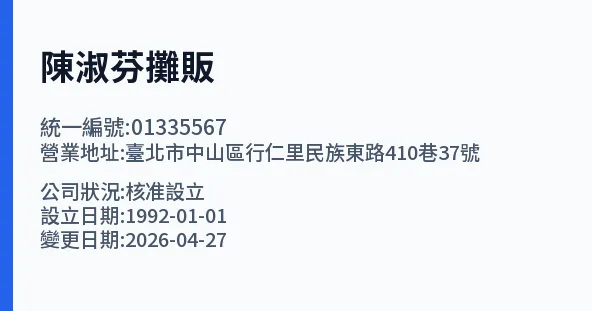 陳淑芬攤販的照片-統編 01335567(臺北市) 公司登記資料與營業項目詳細圖表
