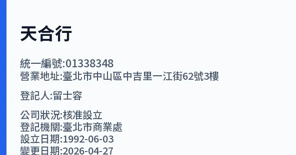 天合行的照片-統編 01338348(臺北市) 公司登記資料與營業項目詳細圖表