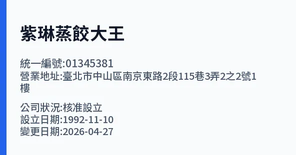 紫琳蒸餃大王的照片-統編 01345381(臺北市) 公司登記資料與營業項目詳細圖表