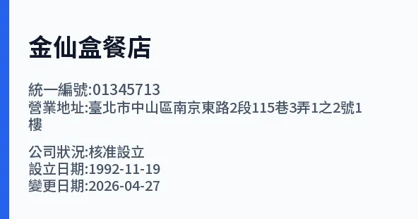 金仙盒餐店的照片-統編 01345713(臺北市) 公司登記資料與營業項目詳細圖表