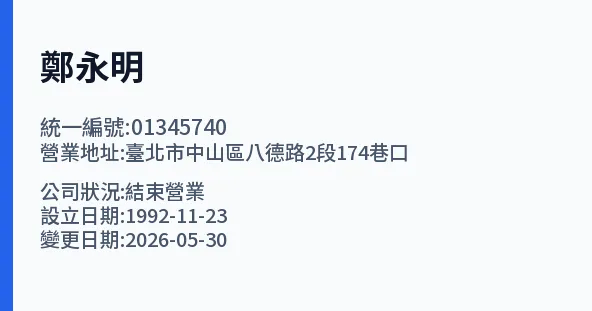 鄭永明的照片-統編 01345740(臺北市) 公司登記資料與營業項目詳細圖表