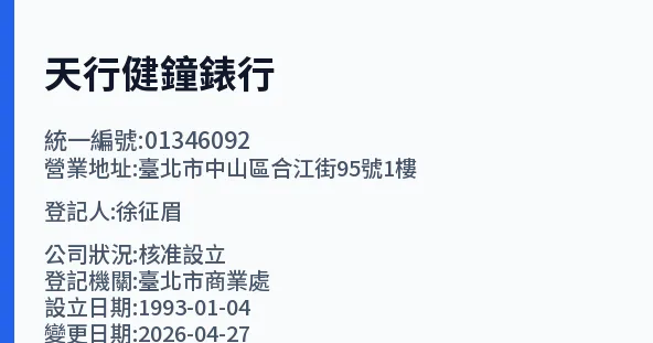 天行健鐘錶行的照片-統編 01346092(臺北市) 公司登記資料與營業項目詳細圖表