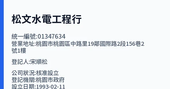 松文水電工程行的照片-統編 01347634(桃園市) 公司登記資料與營業項目詳細圖表
