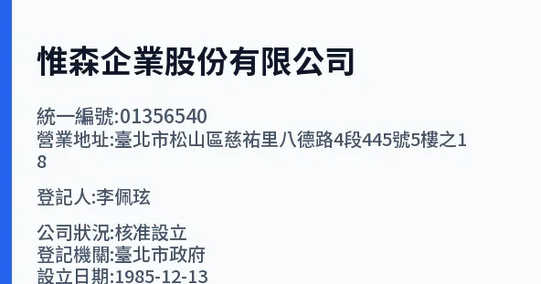 惟森企業股份有限公司的照片-統編 01356540(臺北市) 公司登記資料與營業項目詳細圖表