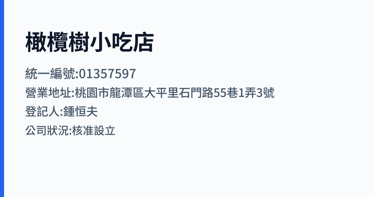 橄欖樹小吃店 - 統編 01357597(桃園市) 公司登記資料與營業項目詳細圖表