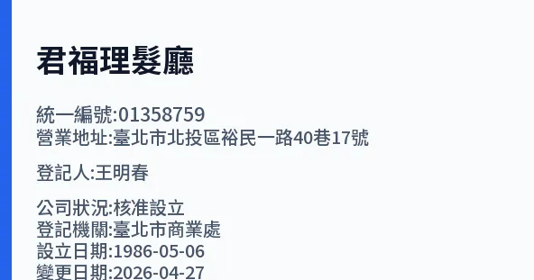 君福理髮廳的照片-統編 01358759(臺北市) 公司登記資料與營業項目詳細圖表
