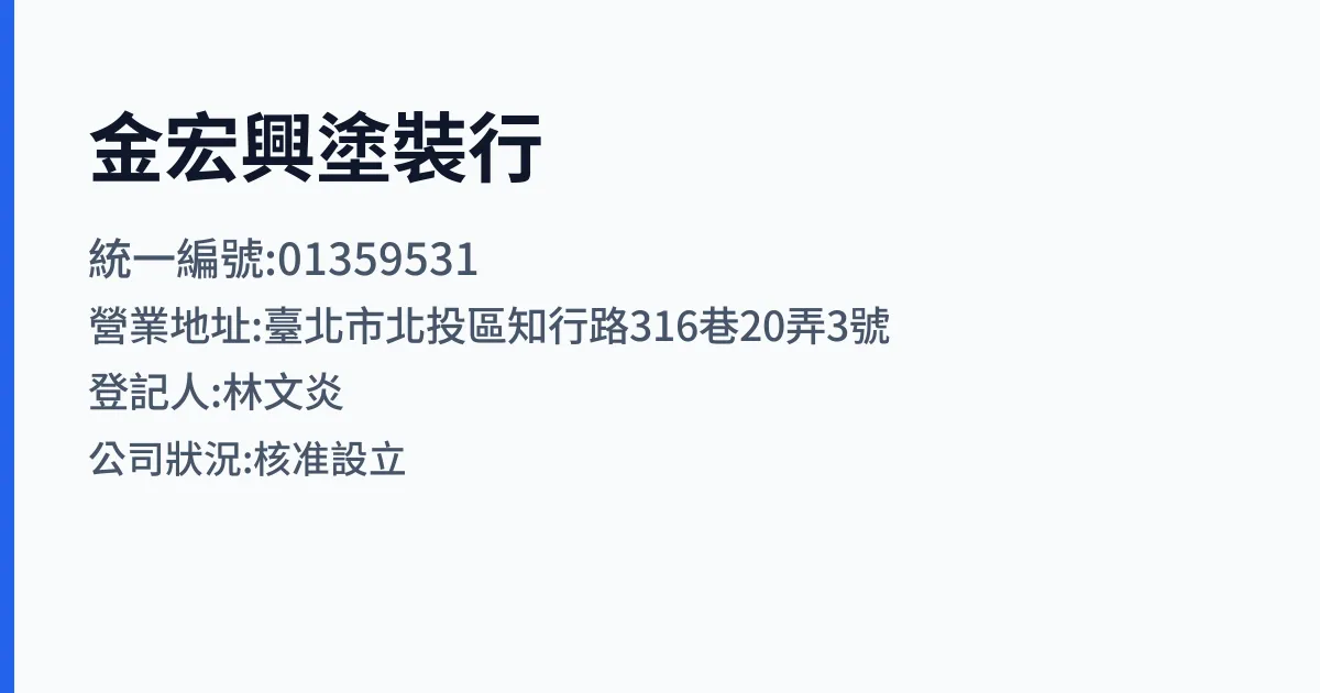 金宏興塗裝行 - 統編 01359531(臺北市) 公司登記資料與營業項目詳細圖表
