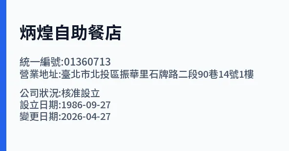 炳煌自助餐店的照片-統編 01360713(臺北市) 公司登記資料與營業項目詳細圖表