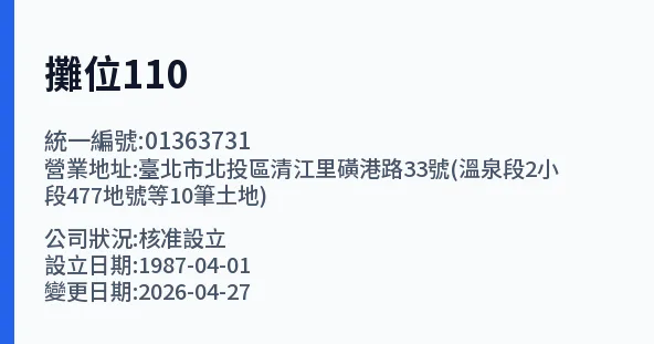 攤位110的照片-統編 01363731(臺北市) 公司登記資料與營業項目詳細圖表