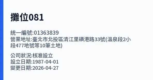 攤位081的照片-統編 01363839(臺北市) 公司登記資料與營業項目詳細圖表