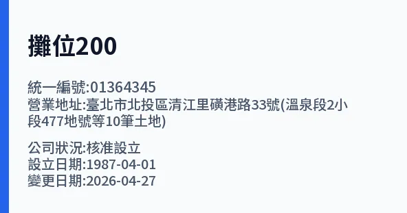 攤位200的照片-統編 01364345(臺北市) 公司登記資料與營業項目詳細圖表