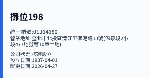 攤位198的照片-統編 01364680(臺北市) 公司登記資料與營業項目詳細圖表