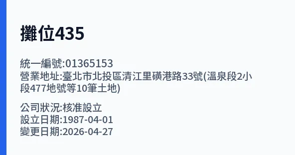 攤位435的照片-統編 01365153(臺北市) 公司登記資料與營業項目詳細圖表
