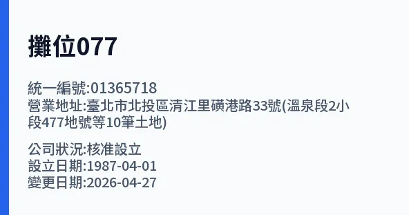 攤位077的照片-統編 01365718(臺北市) 公司登記資料與營業項目詳細圖表
