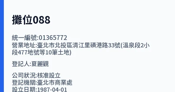 攤位088的照片-統編 01365772(臺北市) 公司登記資料與營業項目詳細圖表