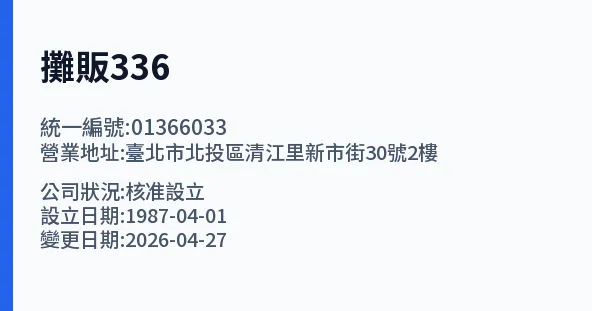 攤販336的照片-統編 01366033(臺北市) 公司登記資料與營業項目詳細圖表