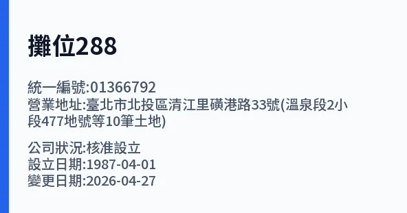 攤位288的照片-統編 01366792(臺北市) 公司登記資料與營業項目詳細圖表