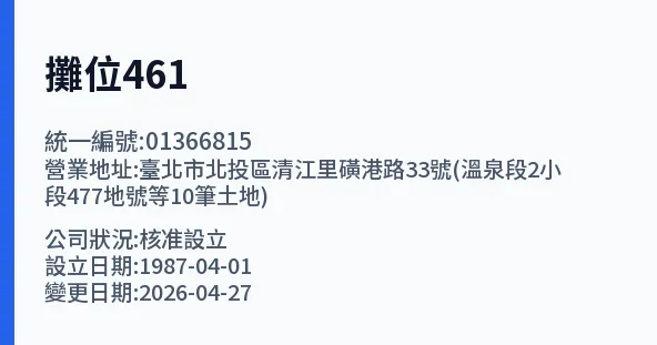 攤位461的照片-統編 01366815(臺北市) 公司登記資料與營業項目詳細圖表